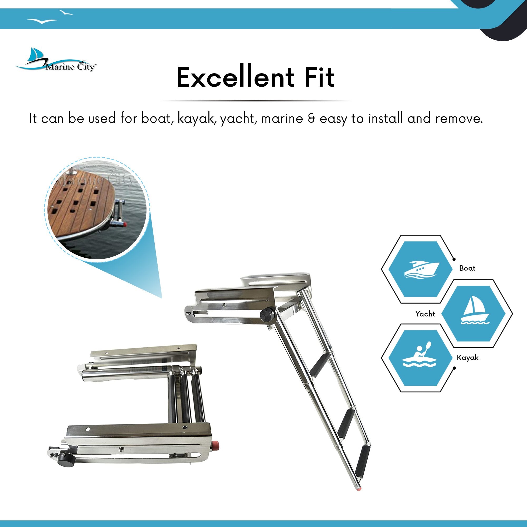 Marine City Stainless Steel Marine 3 Step Under Swim Platform Ladder ...