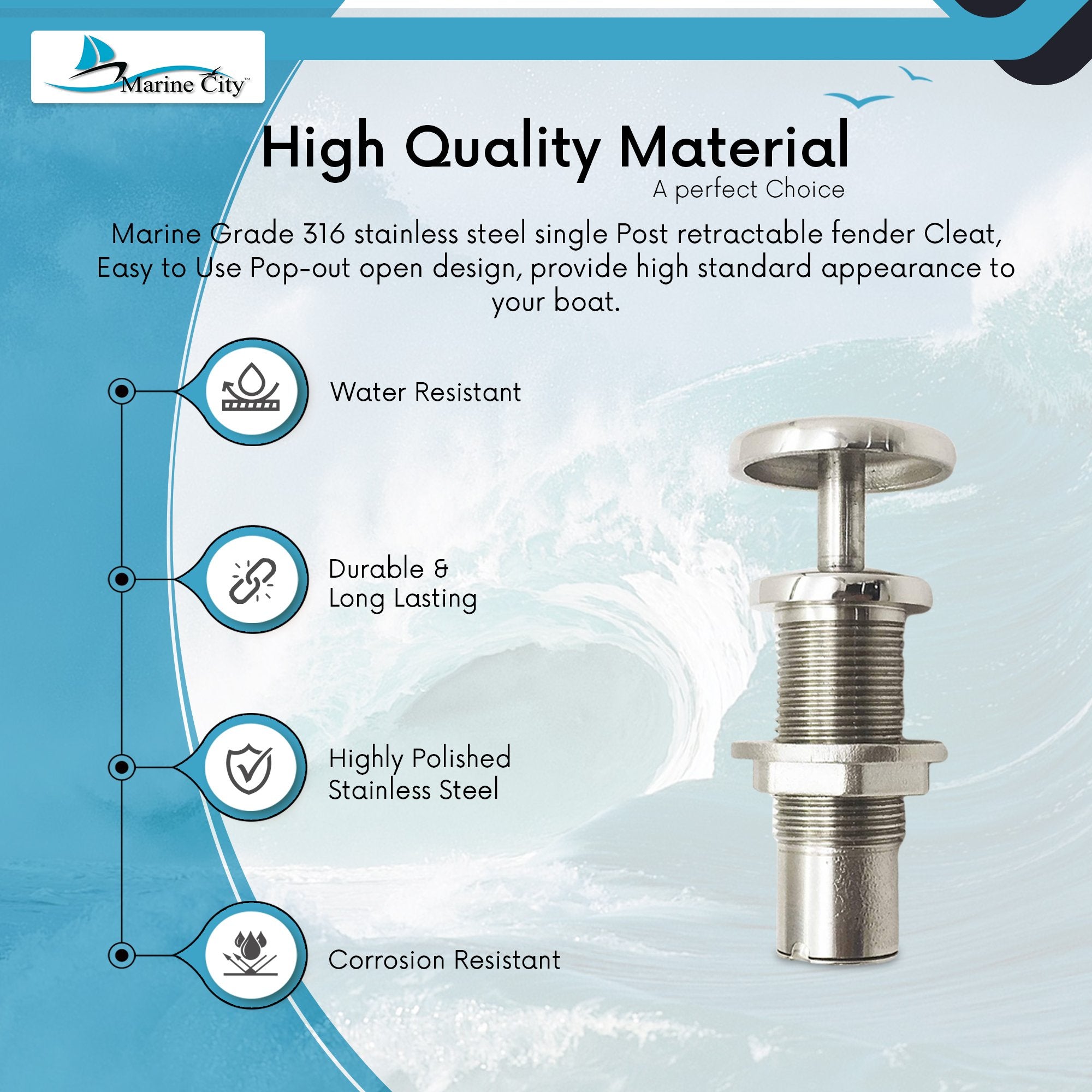 Marine City Grade 316 Stainless Steel Retractable Pop-Out Fender Cleat ...